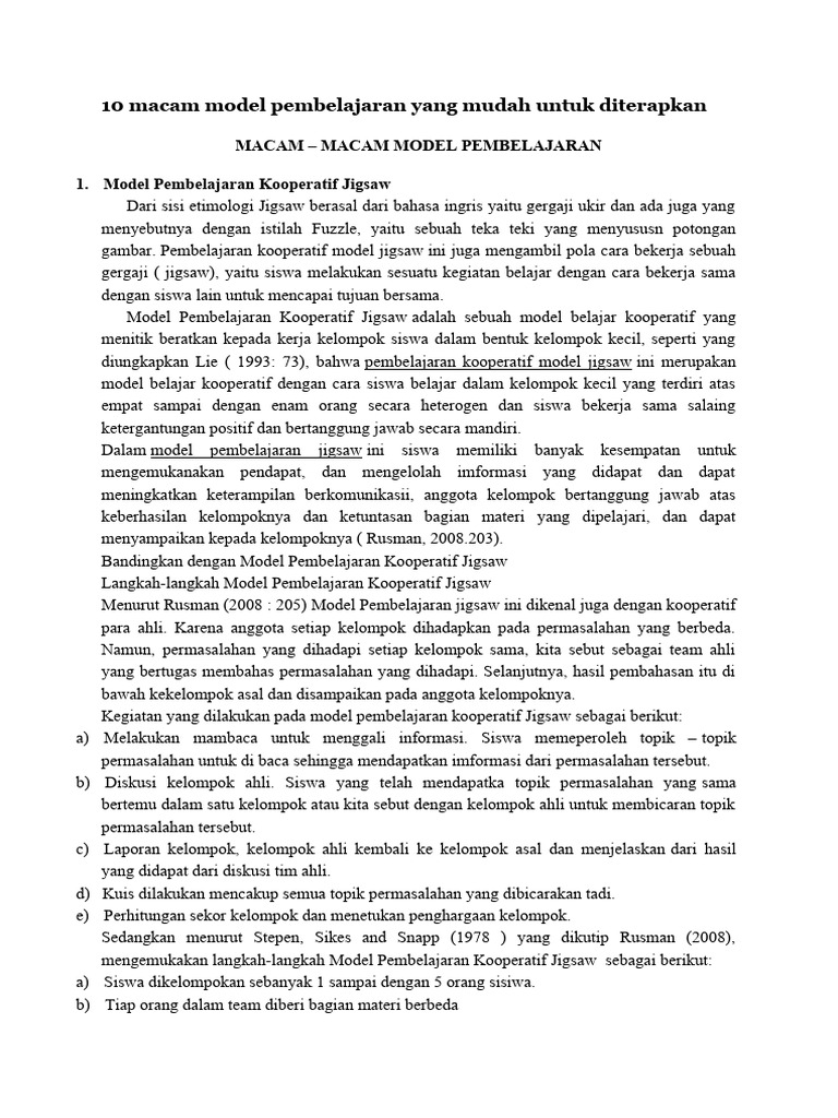 10 Macam Model Pembelajaran Yang Mudah Untuk Diterapkan | PDF | Karier ...