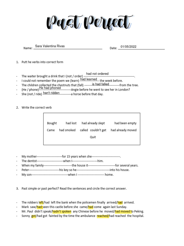 Past Perfect Tense Worksheet | PDF