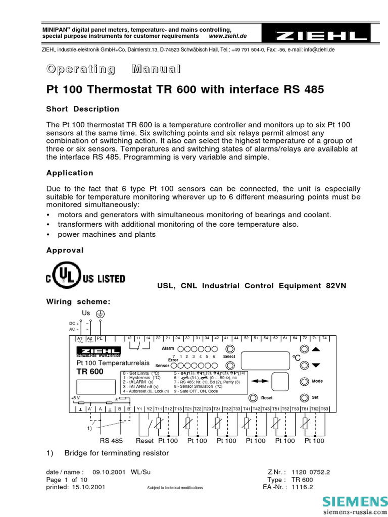 7XV5662!2!5AD10 Manual Ziehl TR600 en | PDF | Relay | Power Supply