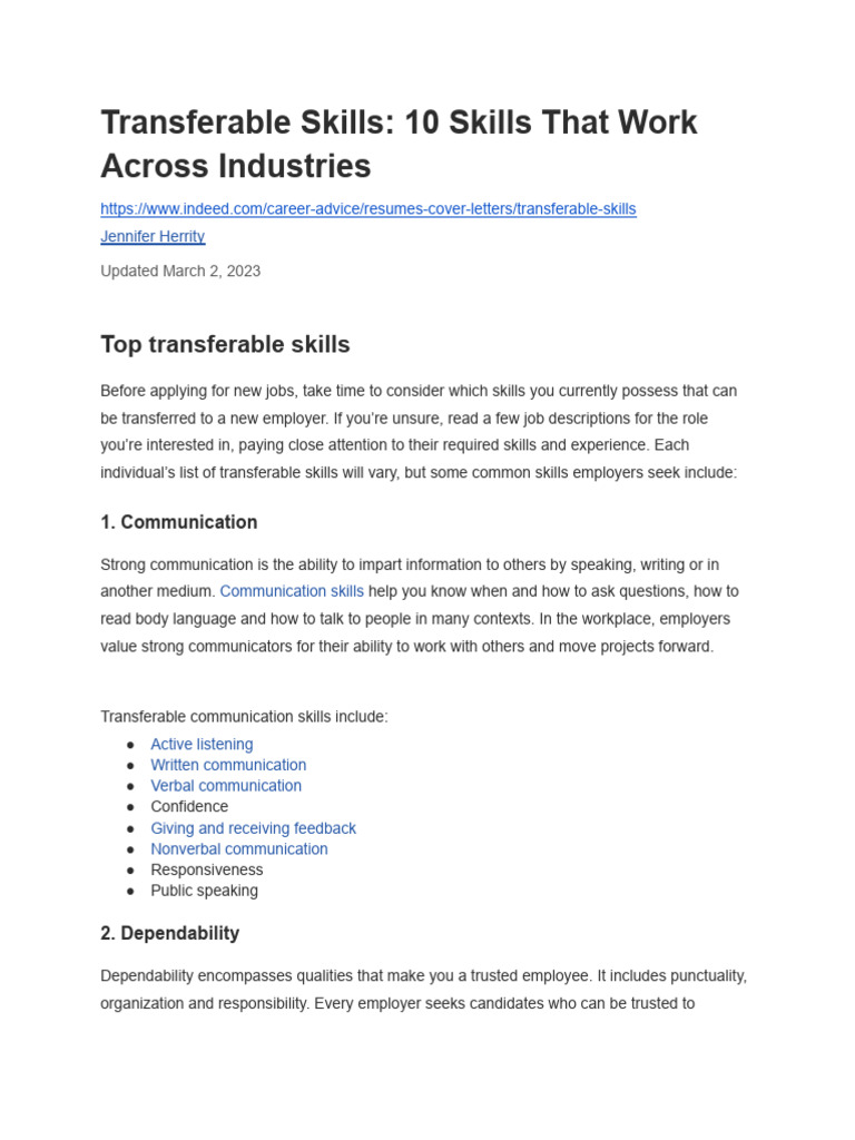 Transferable Skills - 10 Skills That Work Across Industries | PDF | Leadership | Skill
