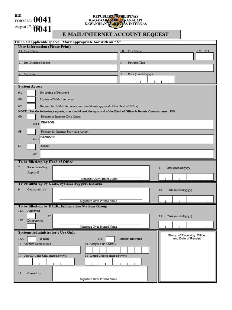 BIR E-Mail/Internet Account Request Form | PDF | Cyberspace ...