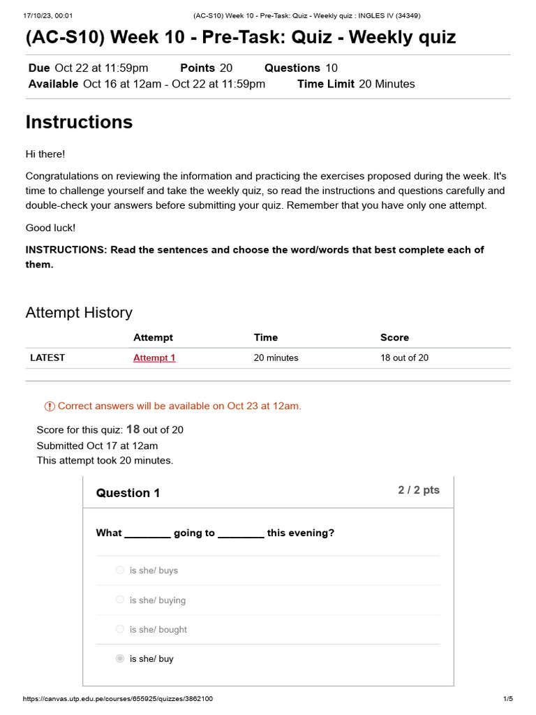 (AC-S10) Week 10 - Pre-Task - Quiz - Weekly Quiz - INGLES IV (34349) | PDF