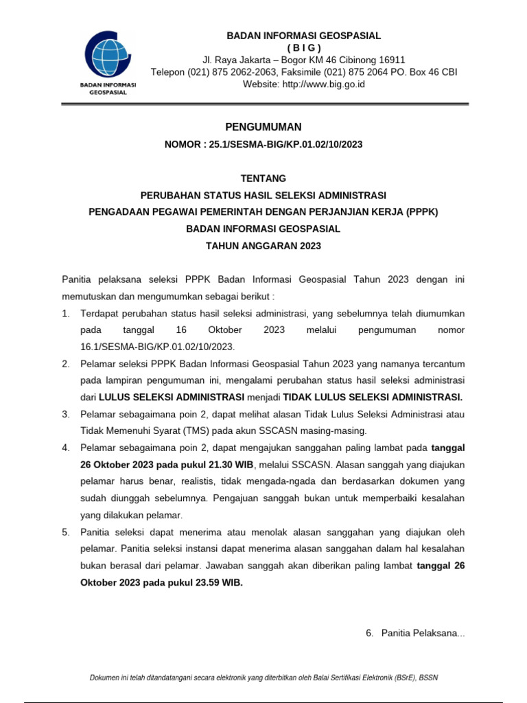 25.1.SESMA-BIG - KP.01.02.10.2023 Pengumuman Perubahan Status Hasil Seleksi Administrasi ...