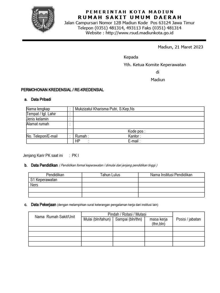 Form K1. Permohonan Kredensial 2023 Mukzizatul 2023 | PDF