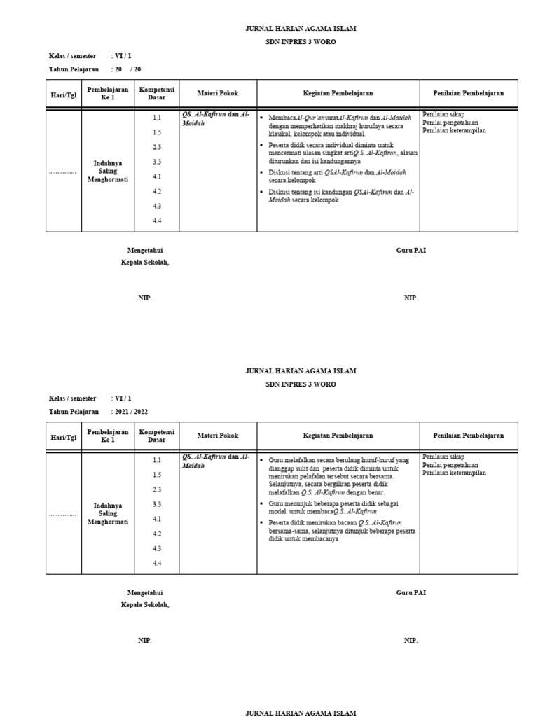 Jurnal Harian Pai KLS 6 | PDF