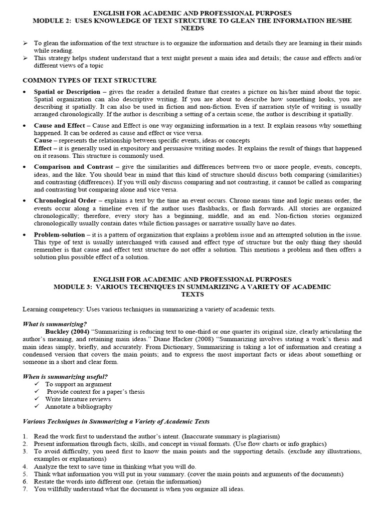 Text Structures and Summarizing Techniques | PDF | Cognition | Cognitive Science