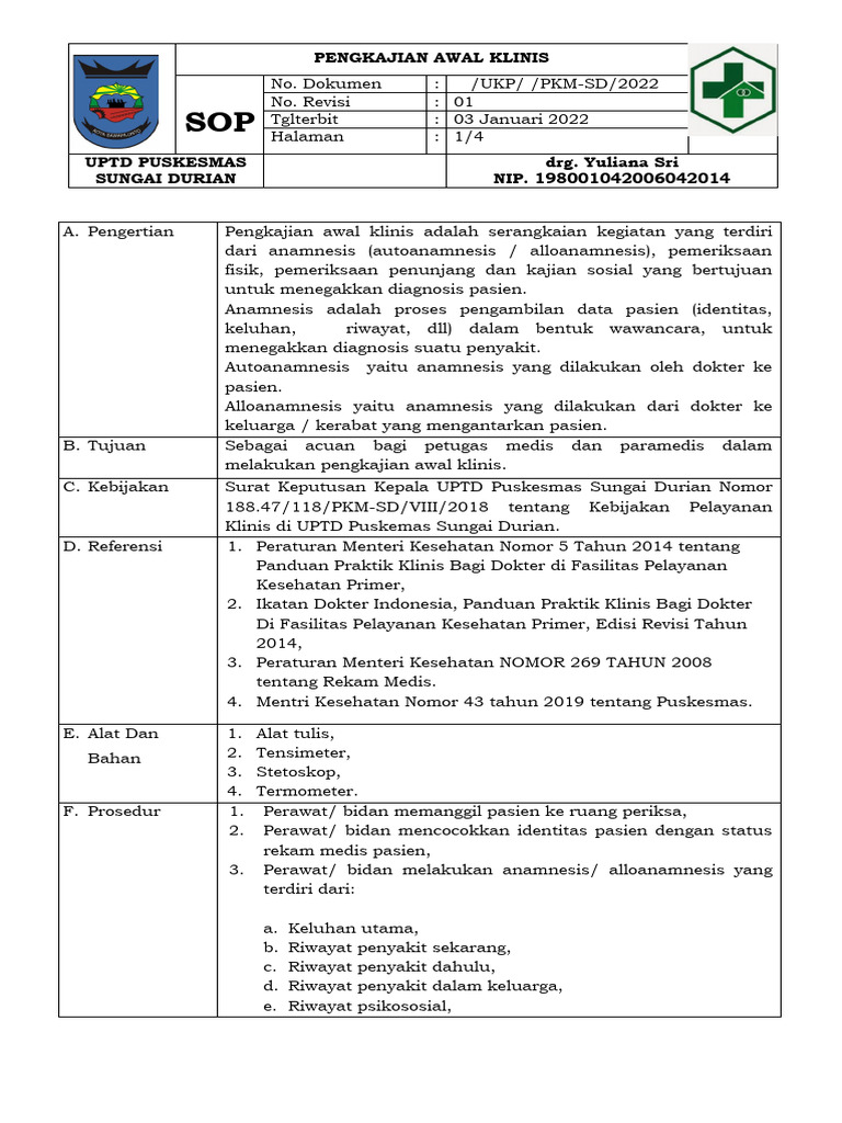8.sop Pengkajian Awal Klinis OK 1 | PDF | Kesehatan Holistik | Sains & Matematika