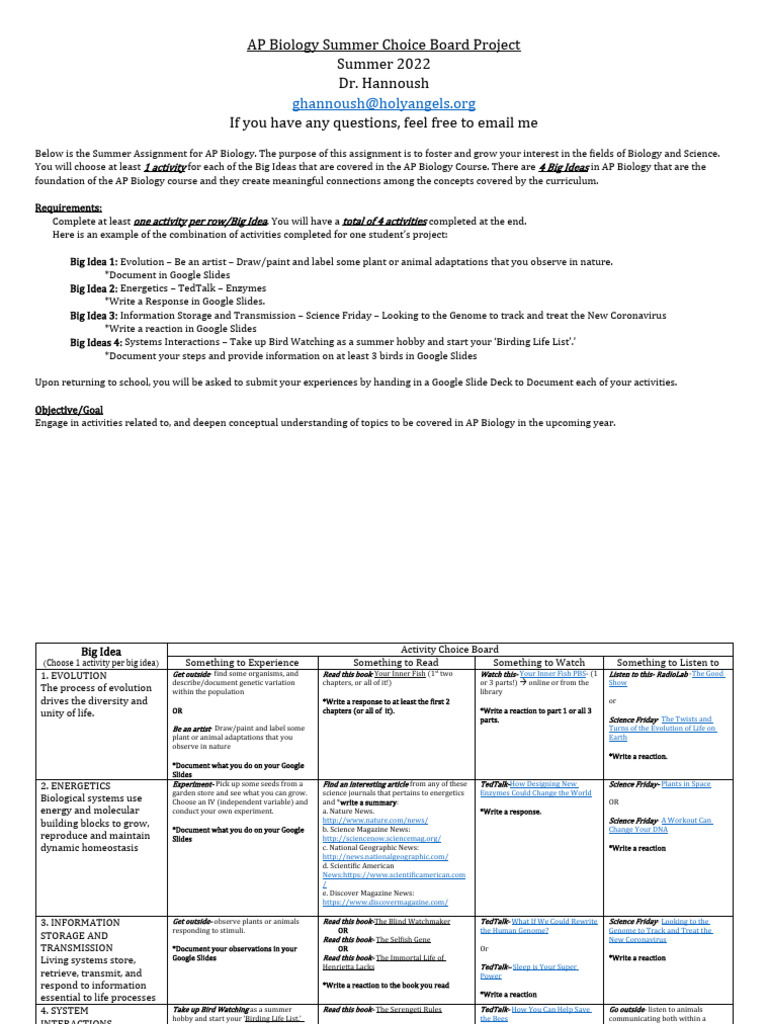 AP Biology Summer Choice Board Project - 2022 Updated | PDF | Life ...