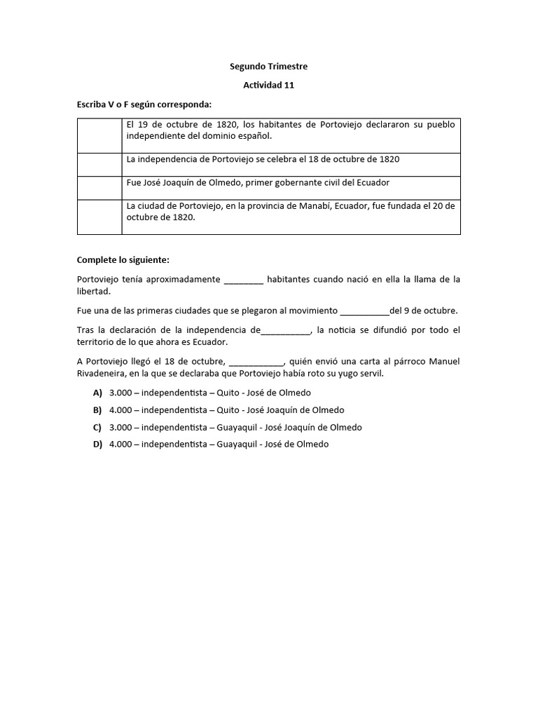 Independencia Portoviejo Semana 11 | PDF | Ecuador | America latina