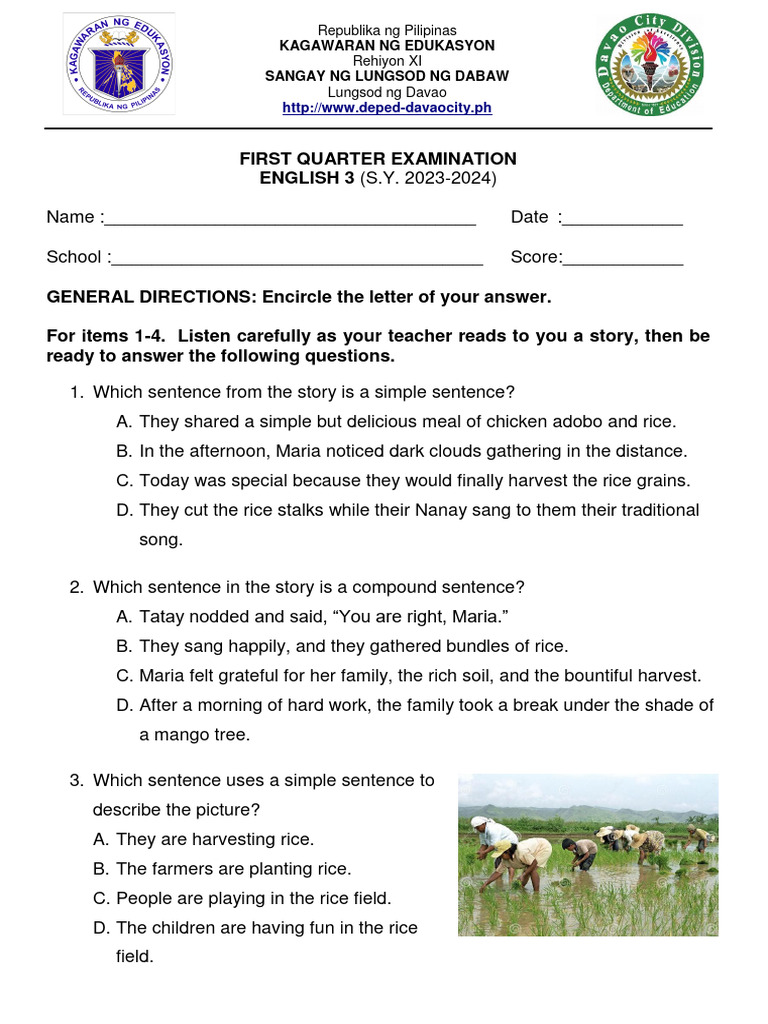 Quarterly Exam - Q1 English 3 | PDF
