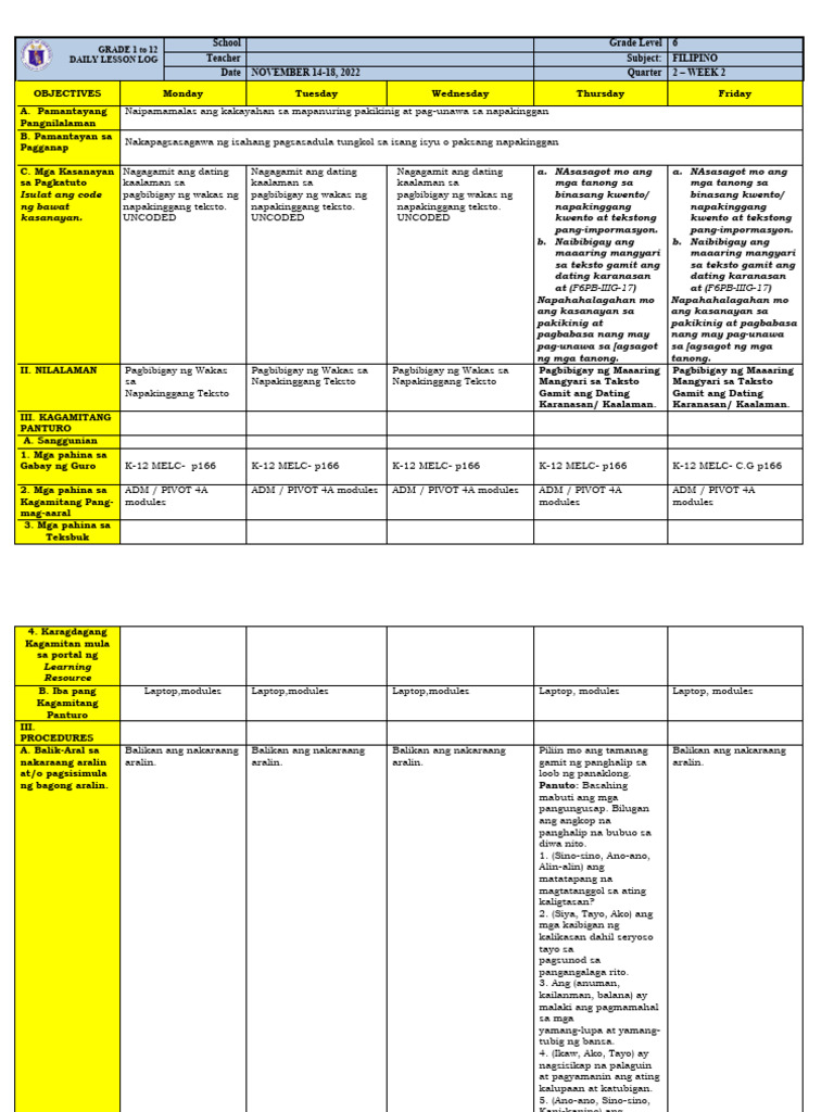 Week2 DLL Filipino | PDF