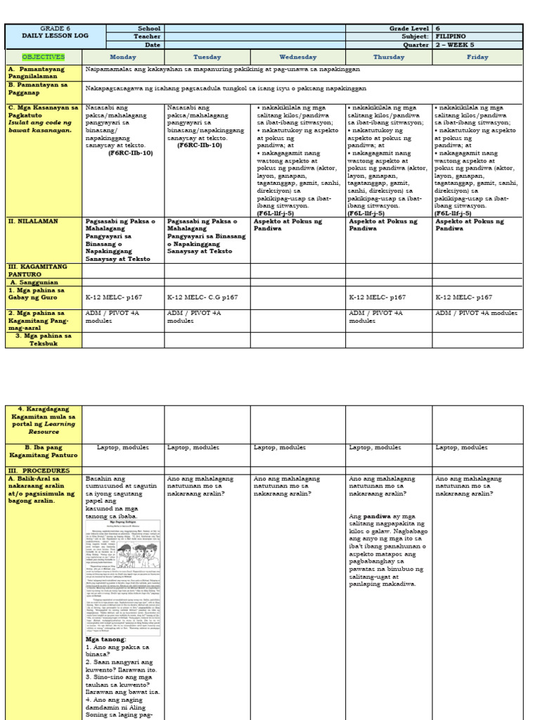 WEEK5 DLL FILIPINO | PDF