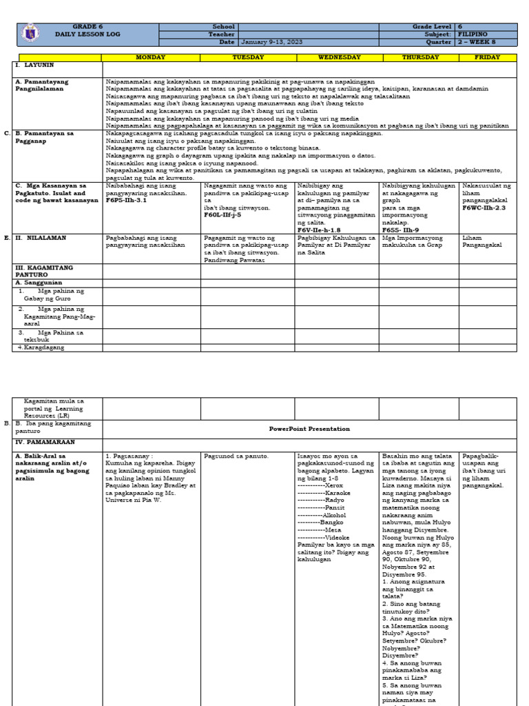 DLL - Filipino 6 - Q2 - W8 | PDF