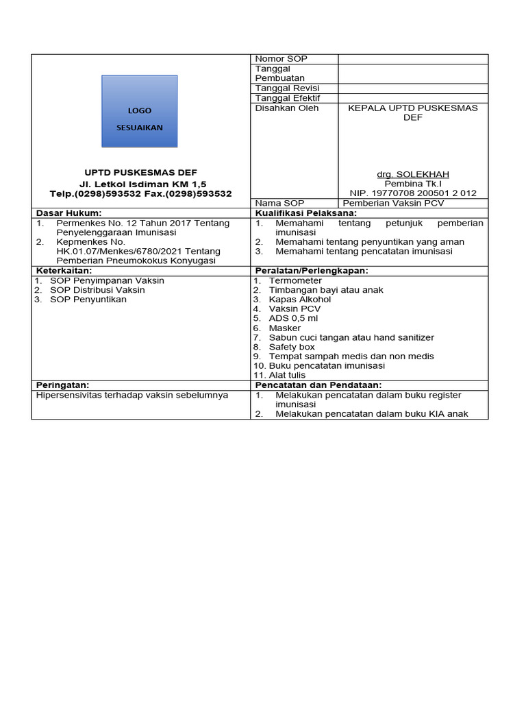 SOP Pemberian Vaksin PCV | PDF