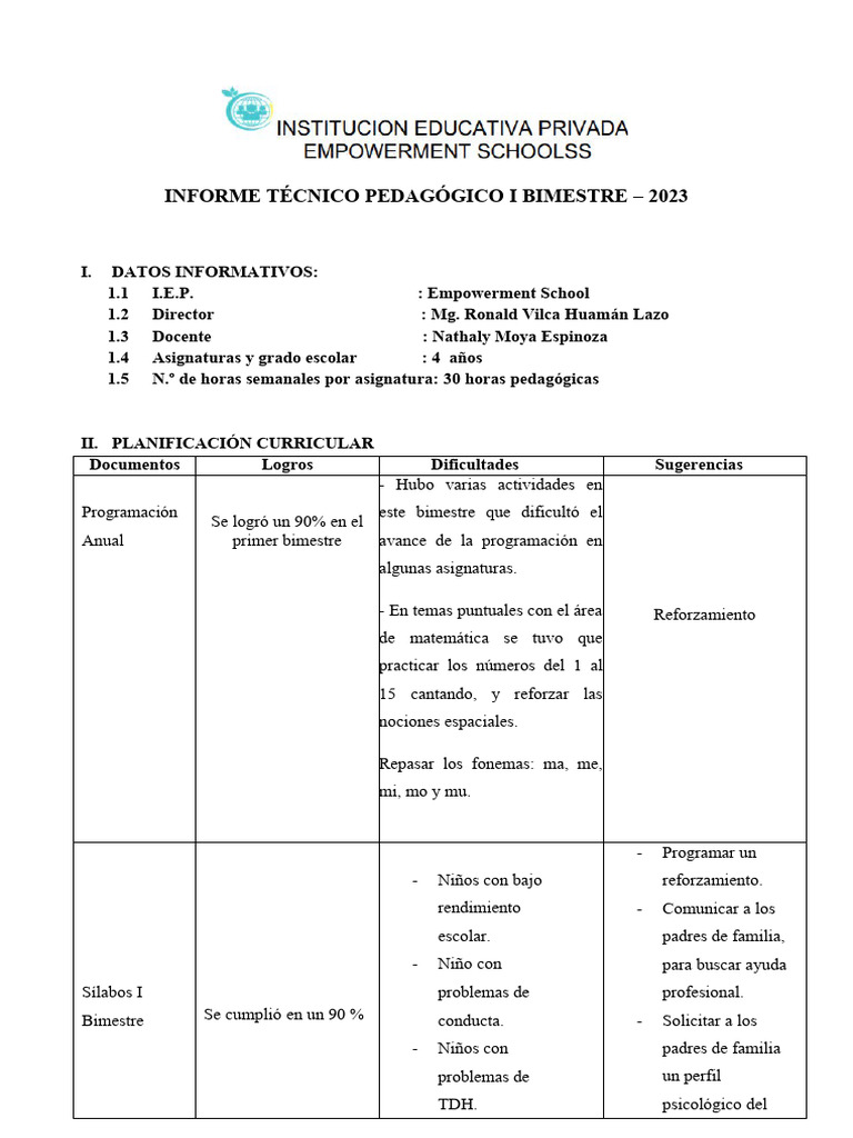 Informe Tecnico Pedagogico 4 Años- Formato -Iep Ess -Primer Bimestre 2023 | PDF | Comunicación ...