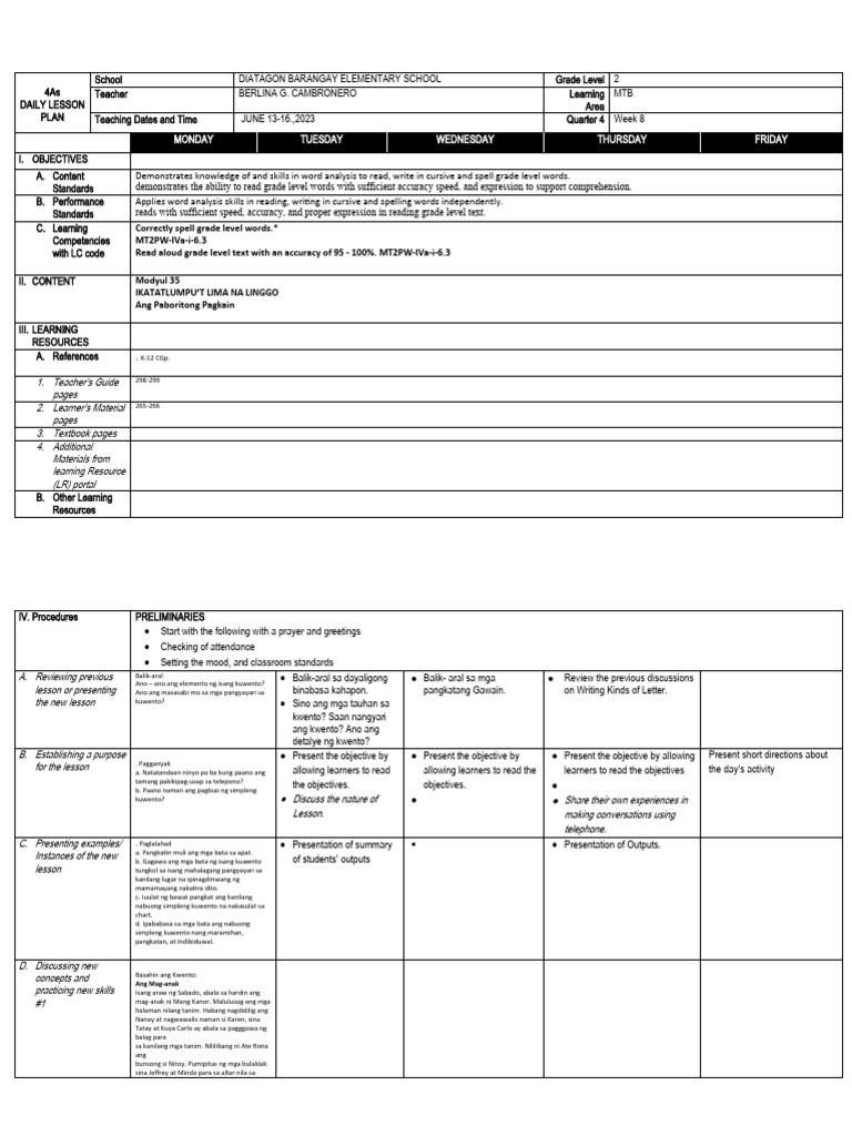 Grade 2 DLL: Quarter 4 Week 8 Plan | PDF | Learning | Teachers