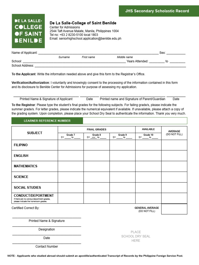 Junior High Scholastic Record Form | PDF