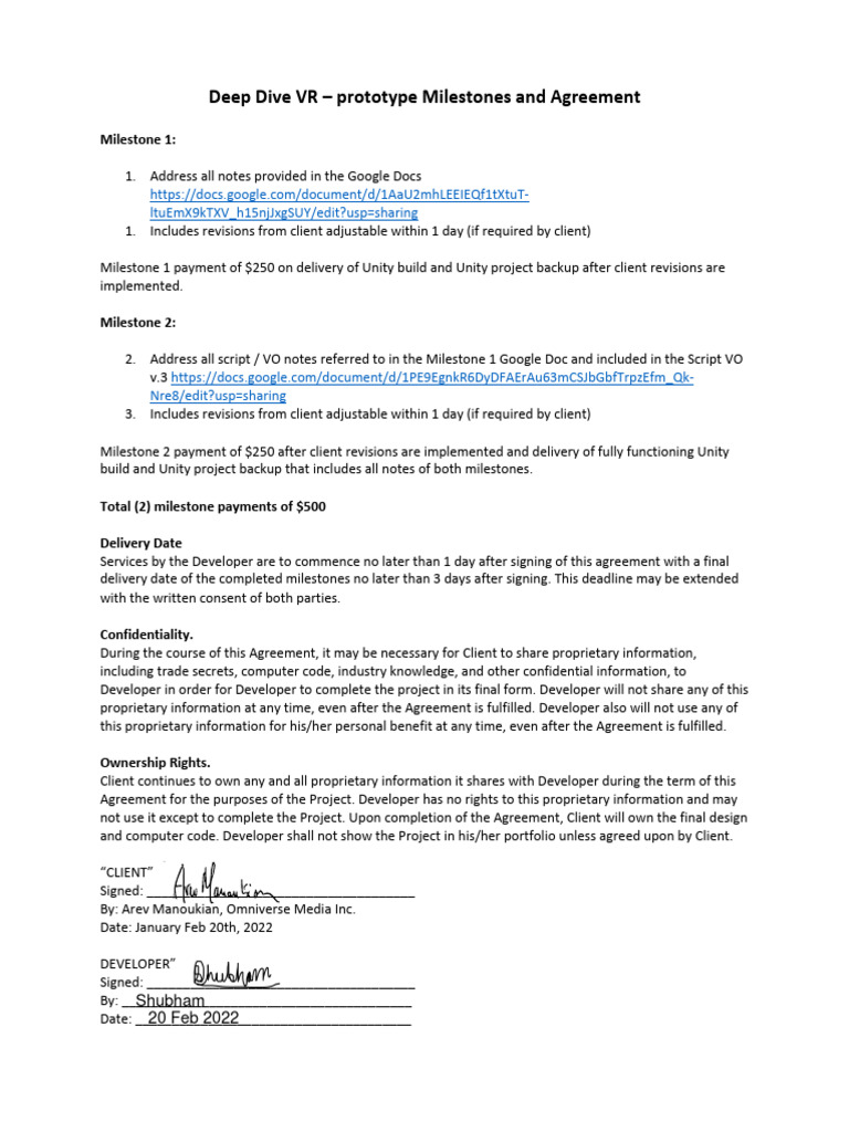 Deep Dive VR Protoype - Agreement and Milestones - Signed | PDF | Trade ...
