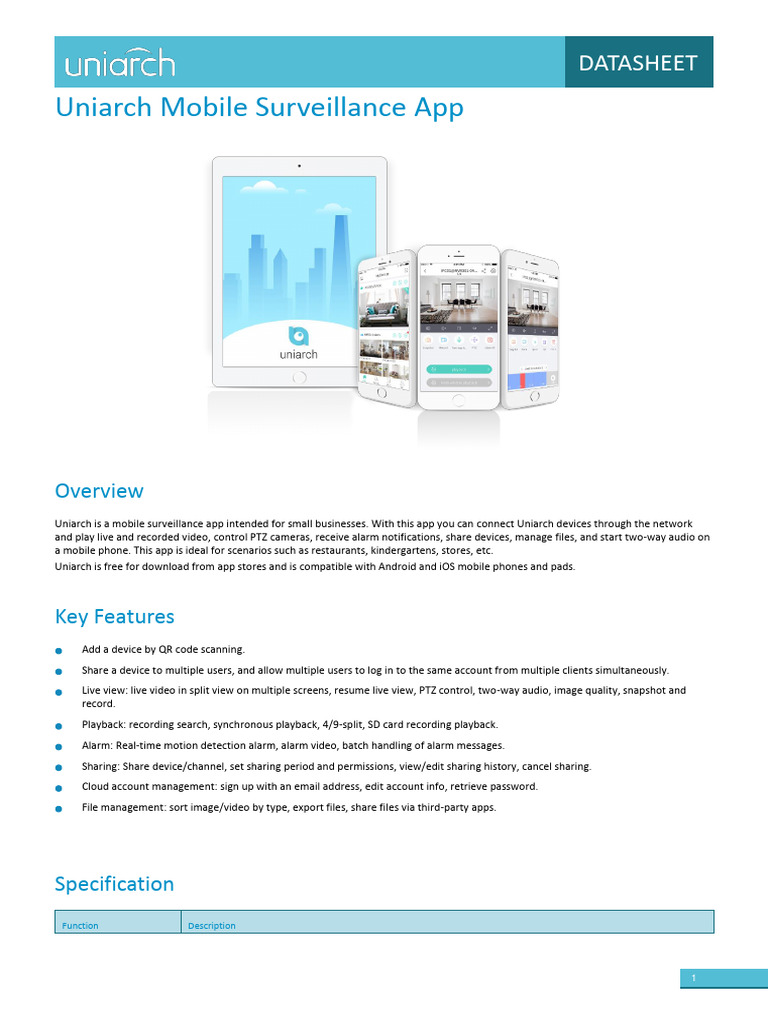 Uniarch Mobile Surveillance App Datasheet - V1.0 | PDF | Mobile App | Video
