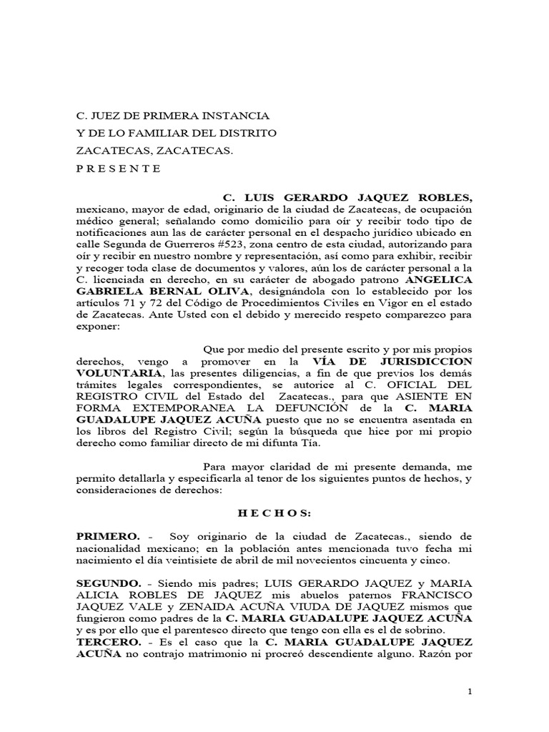 Demanda Asentamiento Extemporáneo de Acta de Defunción | PDF | Justicia ...