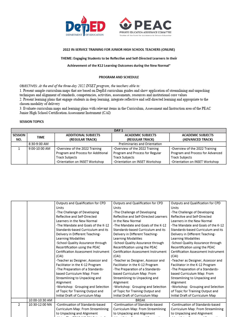 S1 - APREG - Handout 1.1 - Program - 2022 INSET For JHS Teachers | PDF | Art