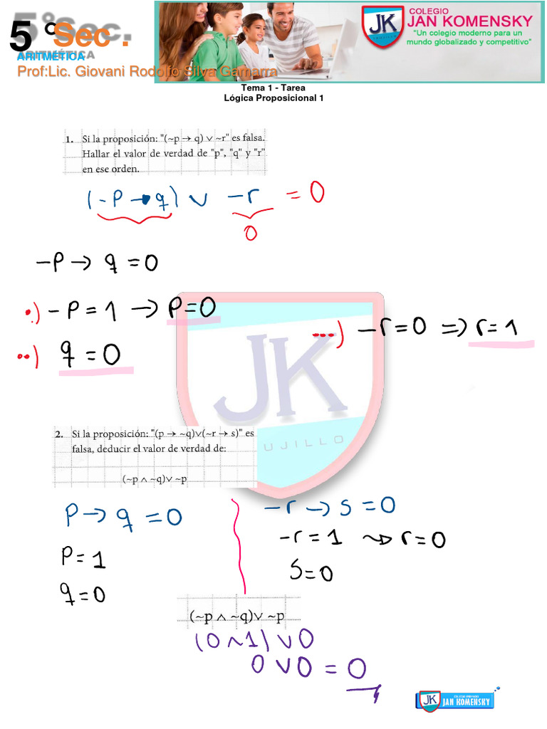 5 Sec Arit - Tema 1 - TAREA - Log Proposicional 1 | PDF