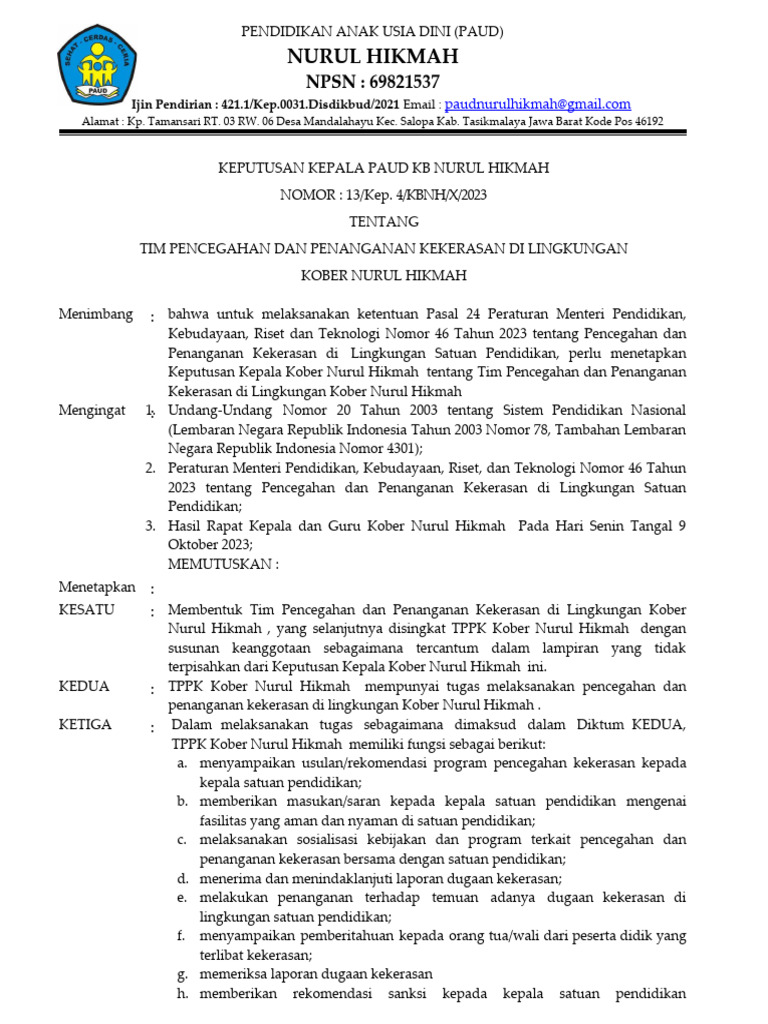 Lampiran 2 - Contoh SK Kepala Satuan Pendidikan Pembentukan TPPK | PDF ...