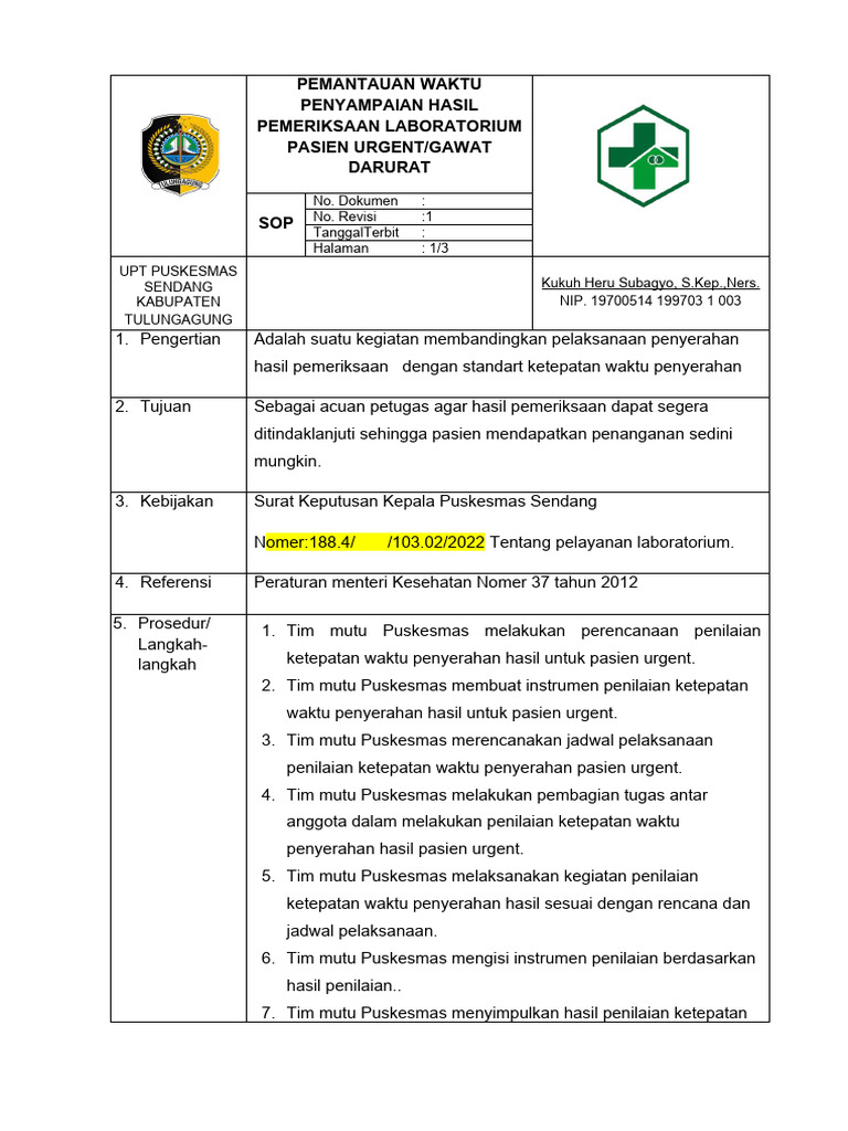 Sop Pemantauan Waktu Hasil Pemeriksaan Lab Cito | PDF