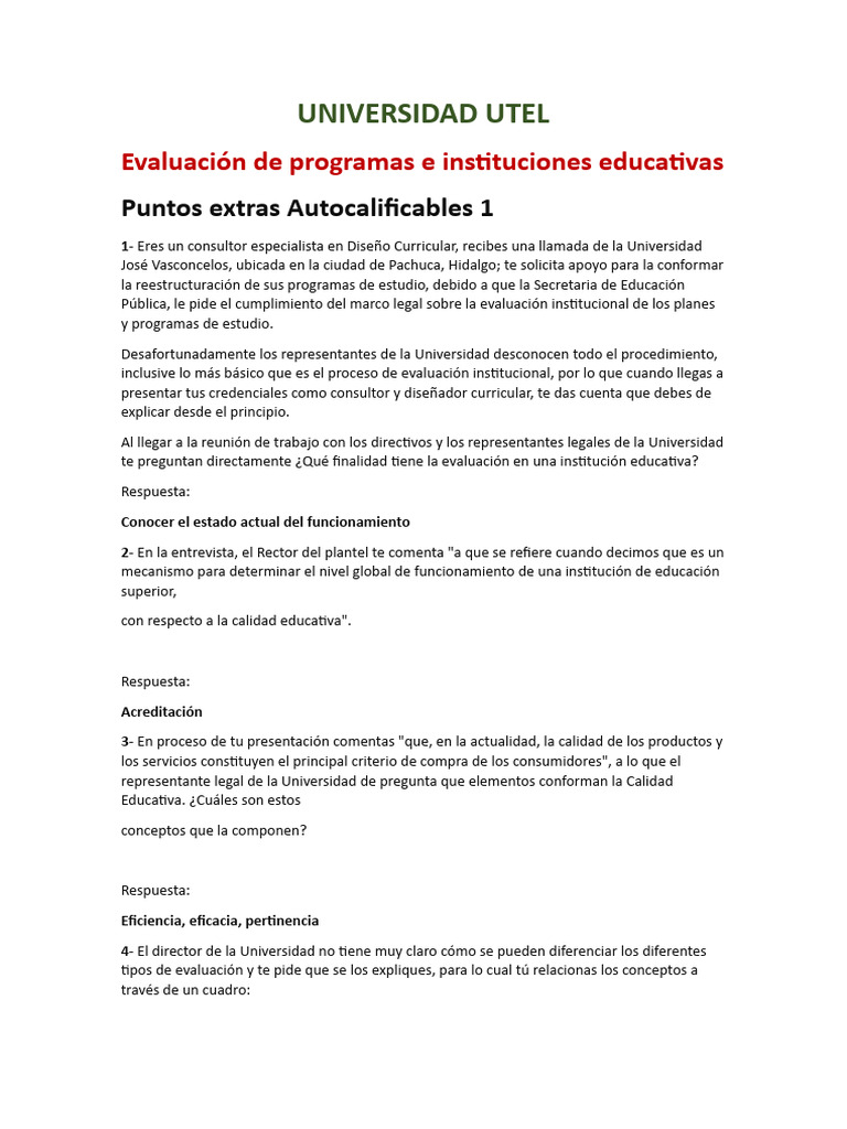 Puntos Extras Autocalificables 1 - Evaluacion de Programas e Instituciones Educativas+ | PDF ...