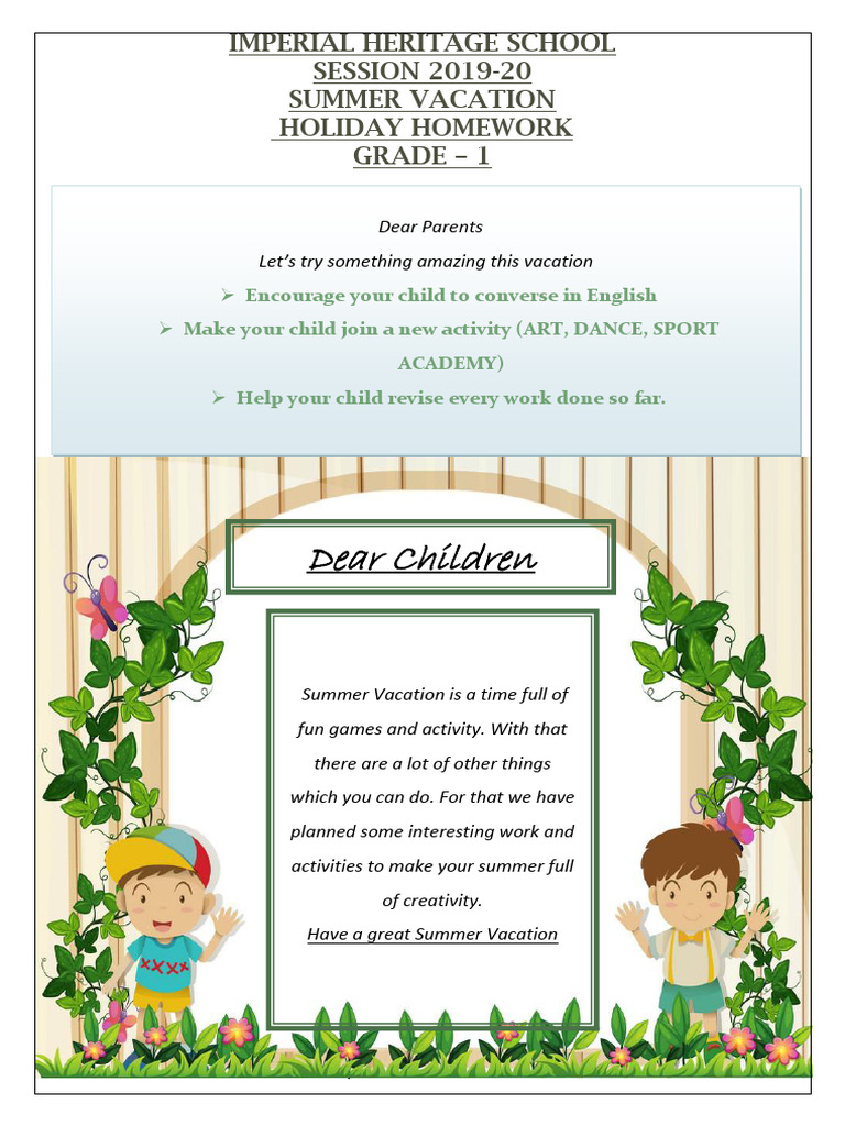 Grade 1 Summer Vacation Homework | PDF | Language Arts & Discipline ...
