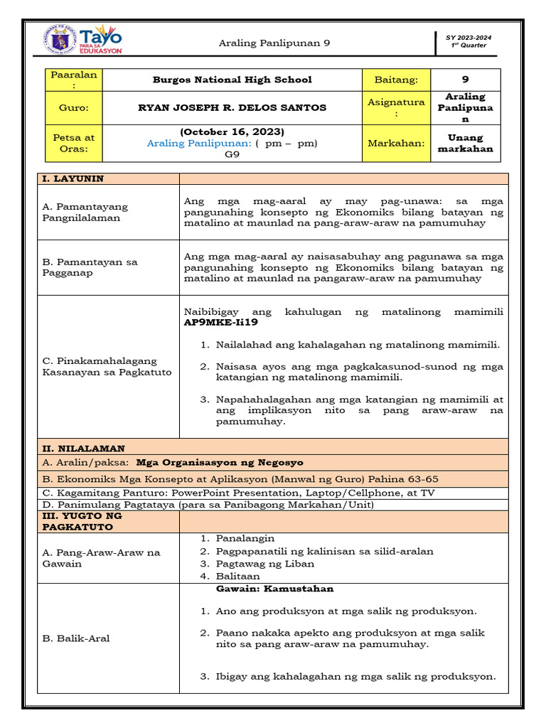 Matalinong Mamimili G9 Lesson Plan | PDF