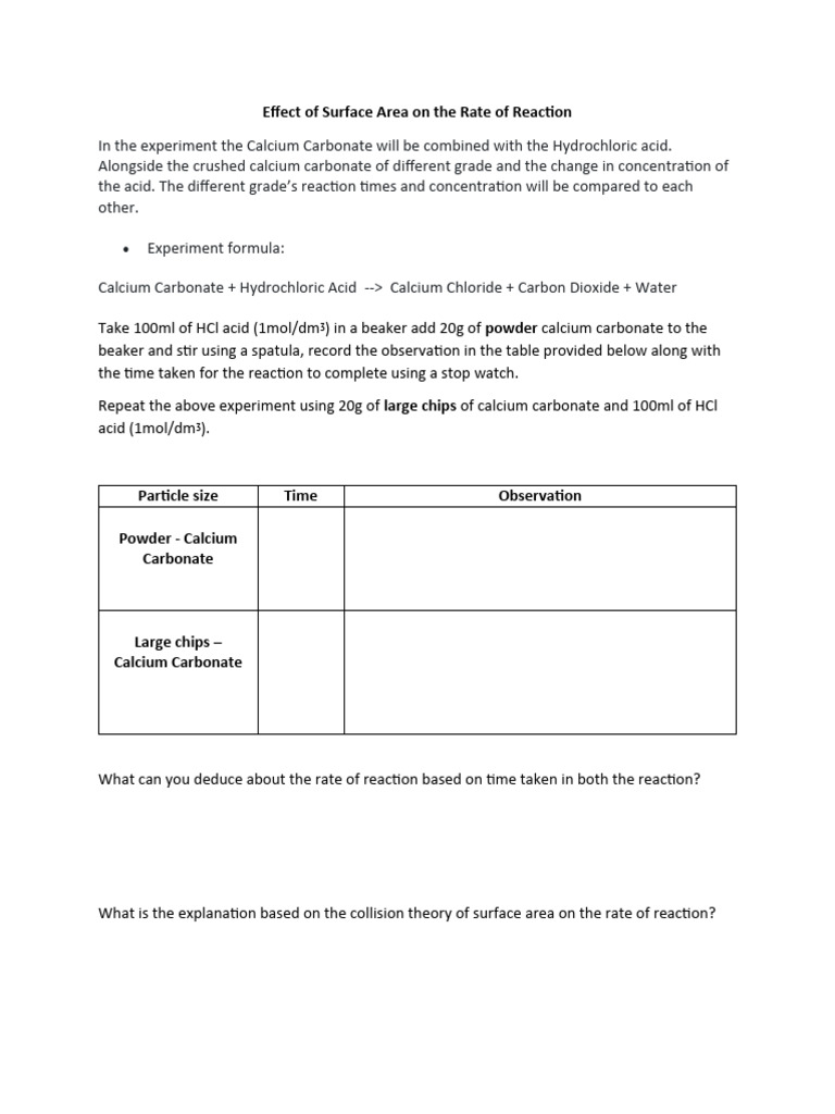 Lab Effect of Surface Area & Concentration On The Rate of Reaction ...