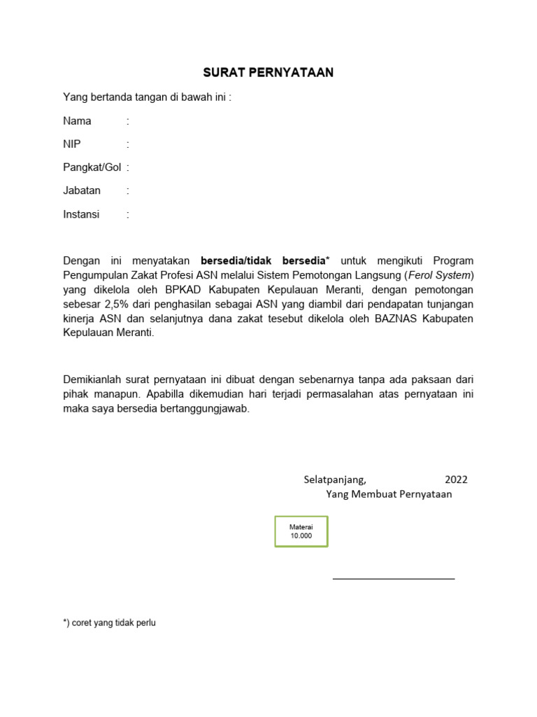 Surat Pernyataan Baznas | PDF