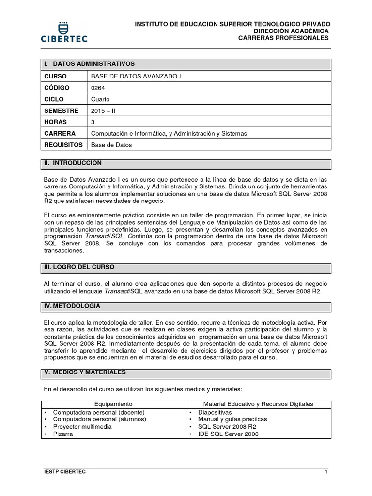 Sílabo 2015-II 04 Base de Datos Avanzado I (0264) | PDF | SQL | Servidor SQL de Microsoft
