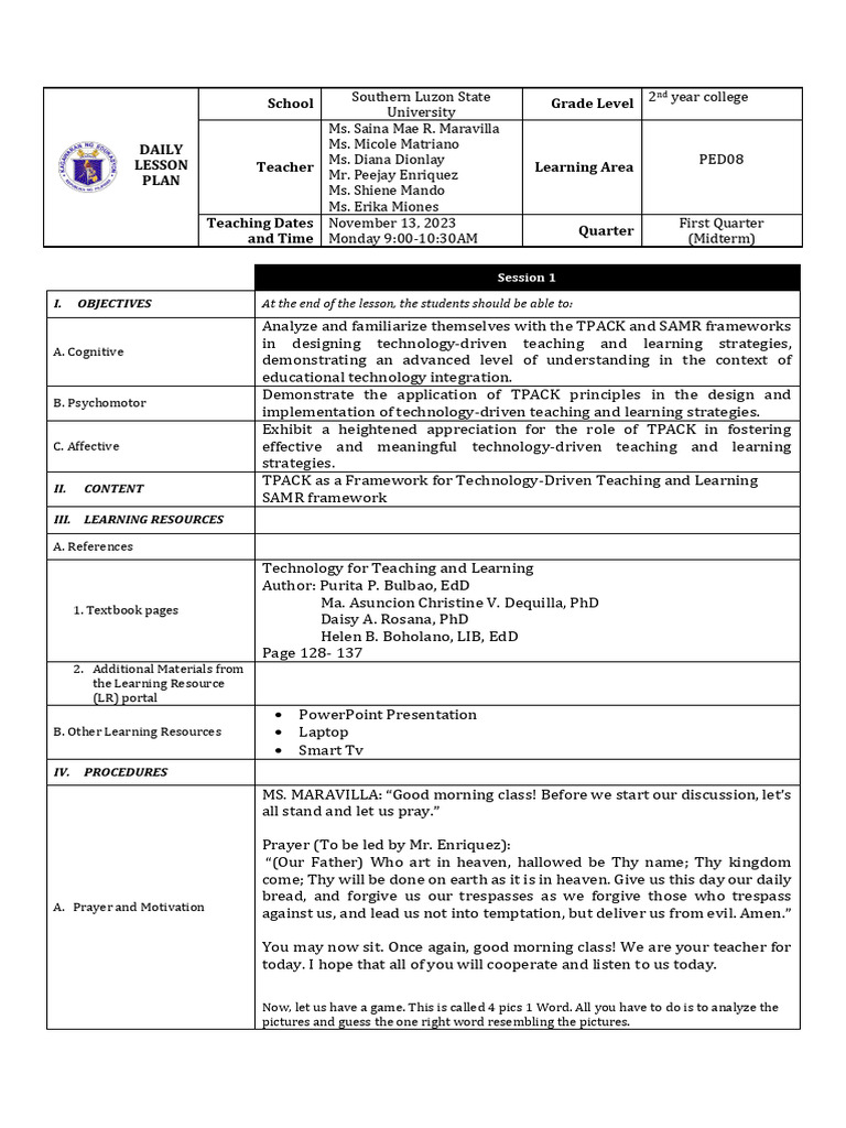 Group 2. Lesson Plan PED08 | PDF | Pedagogy | Learning