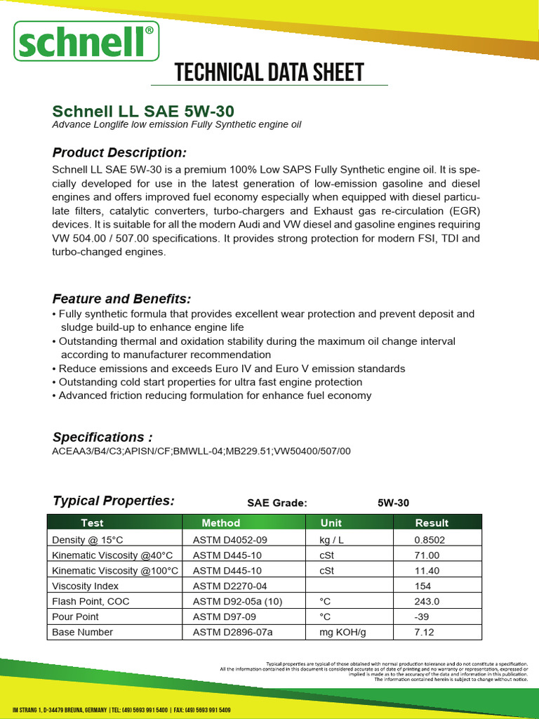 Schnell LL SAE 5W-30 Engine Oil Data | PDF | Motor Oil | Mechanical ...