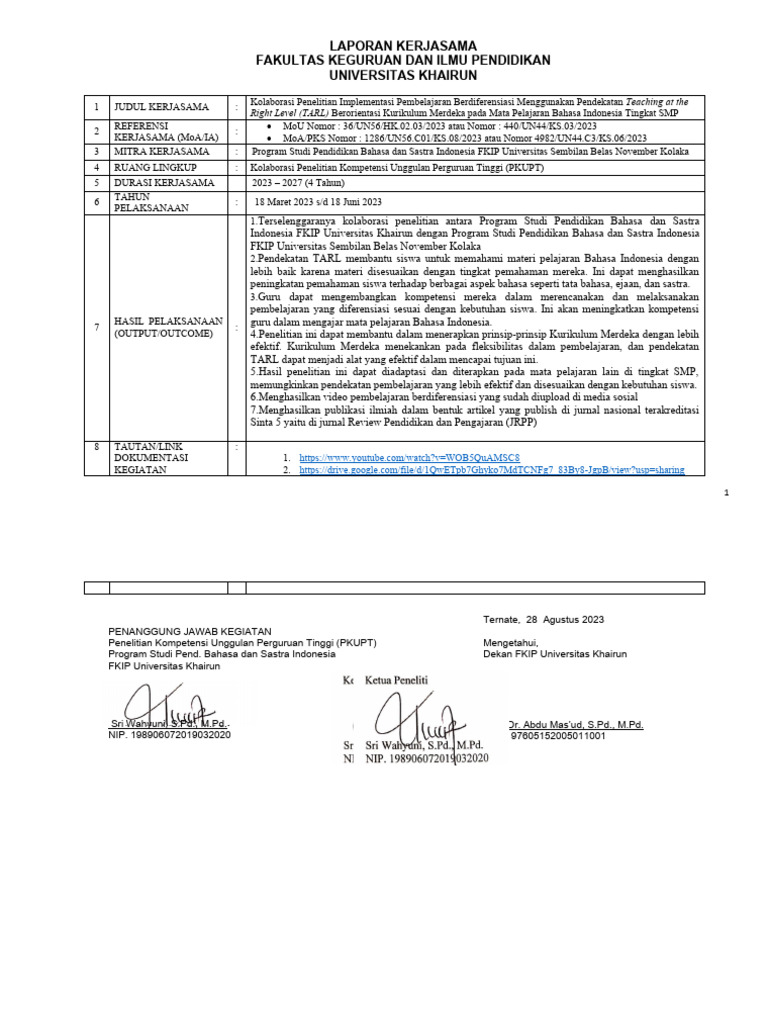Sri Wahyuni S.PD., M.pd. Laporan Kerjasama Monev 2023 | PDF Sri Wahyuni S.PD., M.pd. Laporan Kerjasama Monev 2023 | PDF