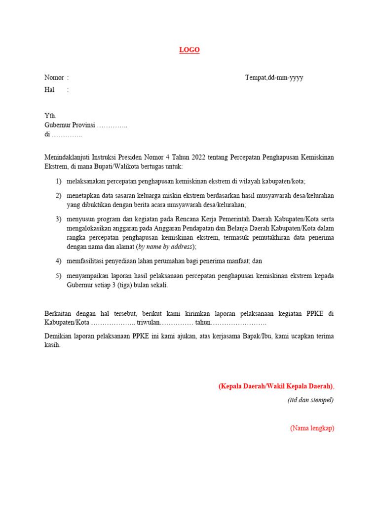 Template Surat Pelaporan PPKE Kepala Daerah KabKota | PDF