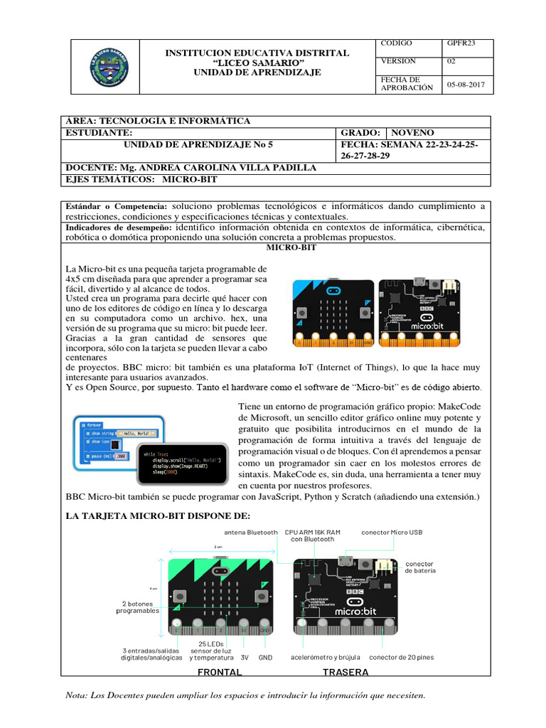 MG Andrea Carolina Villa Padilla Unidad de Aprendizaje 5 Microbit | PDF | Bluetooth | Internet ...