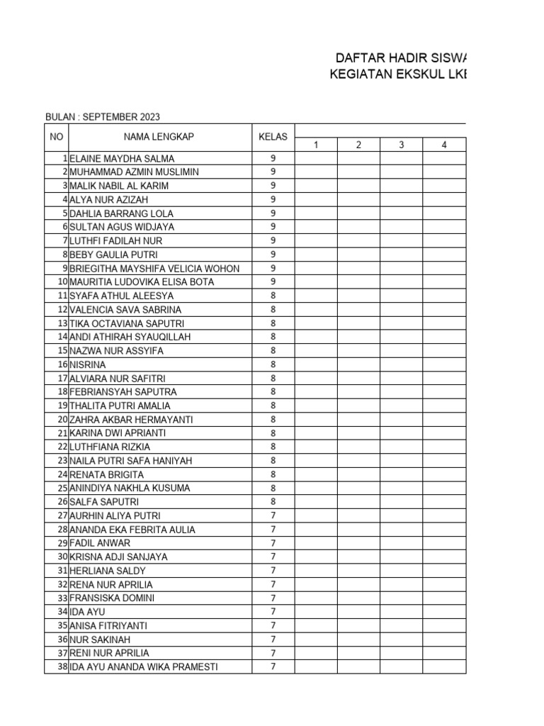 Daftar Hadir Ekstrakurikuler LKBB September 2023 | PDF