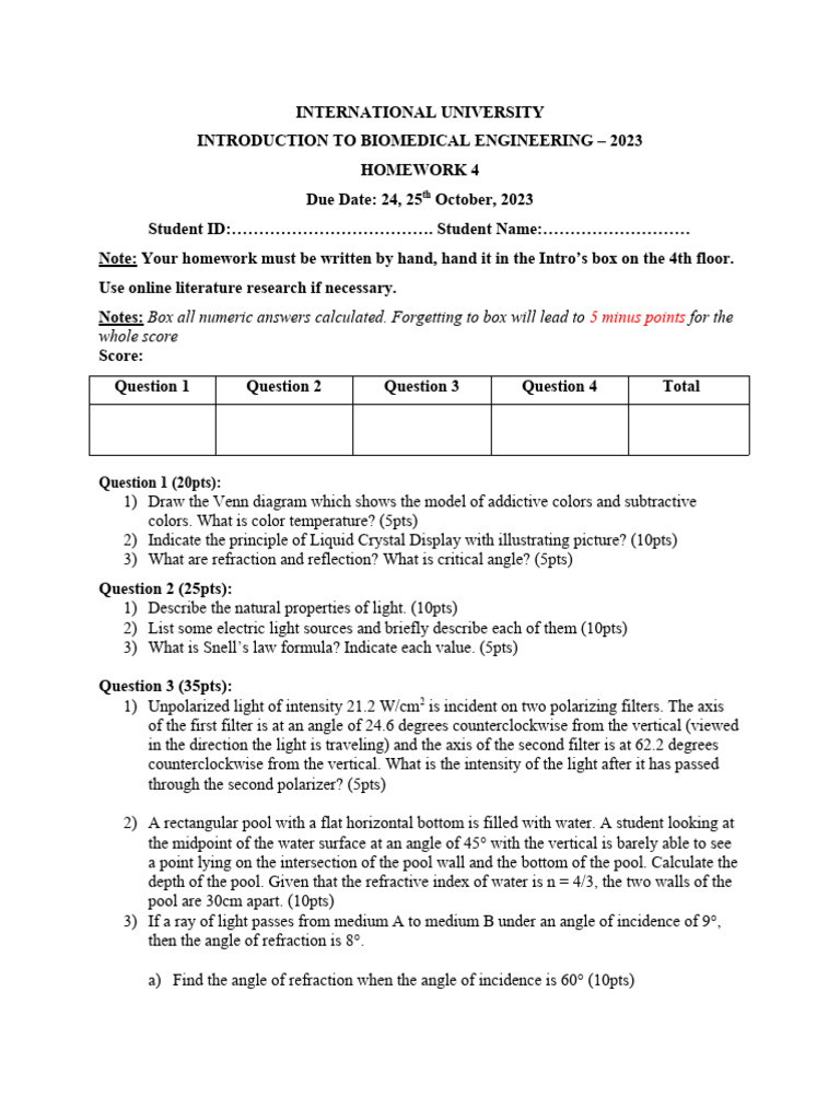 Homework 4 Question Pdf Refraction Reflection Physics