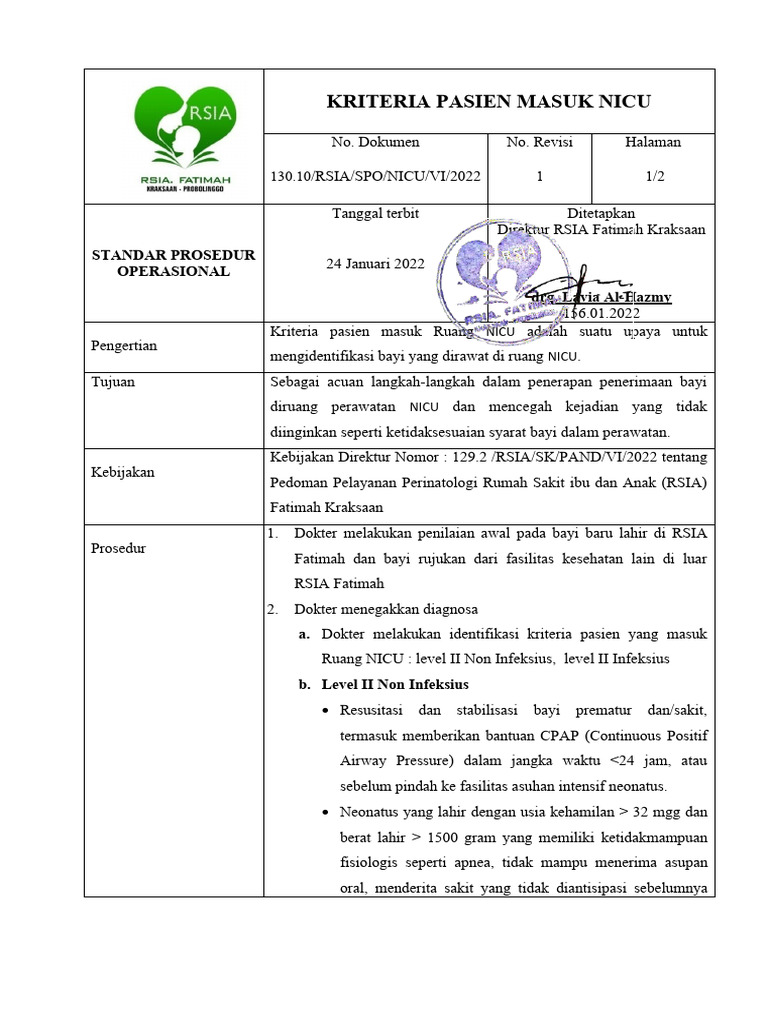 KRITERIA PASIEN MASUK NICU | PDF
