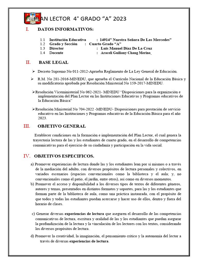 Plan Lector 4 Grado B 2023 | PDF | Salón de clases | Información