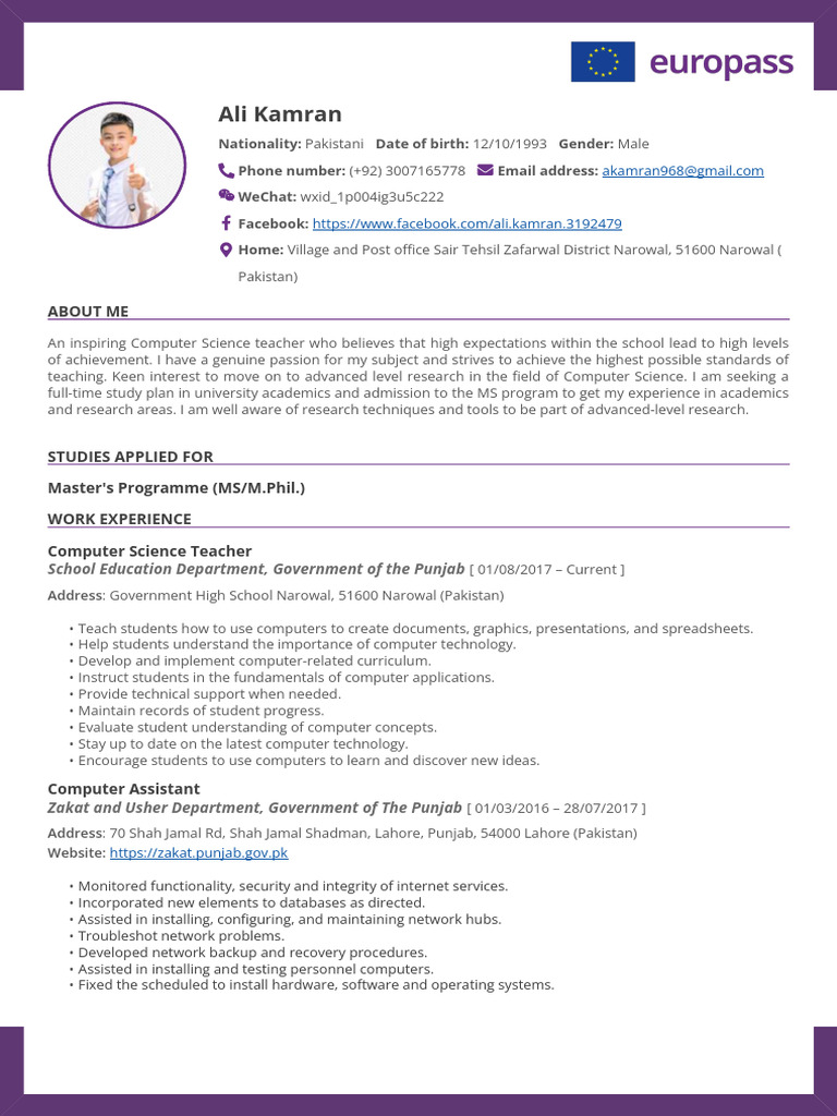 Ali Kamran CV-F3 | PDF | Pakistan | Master Of Science