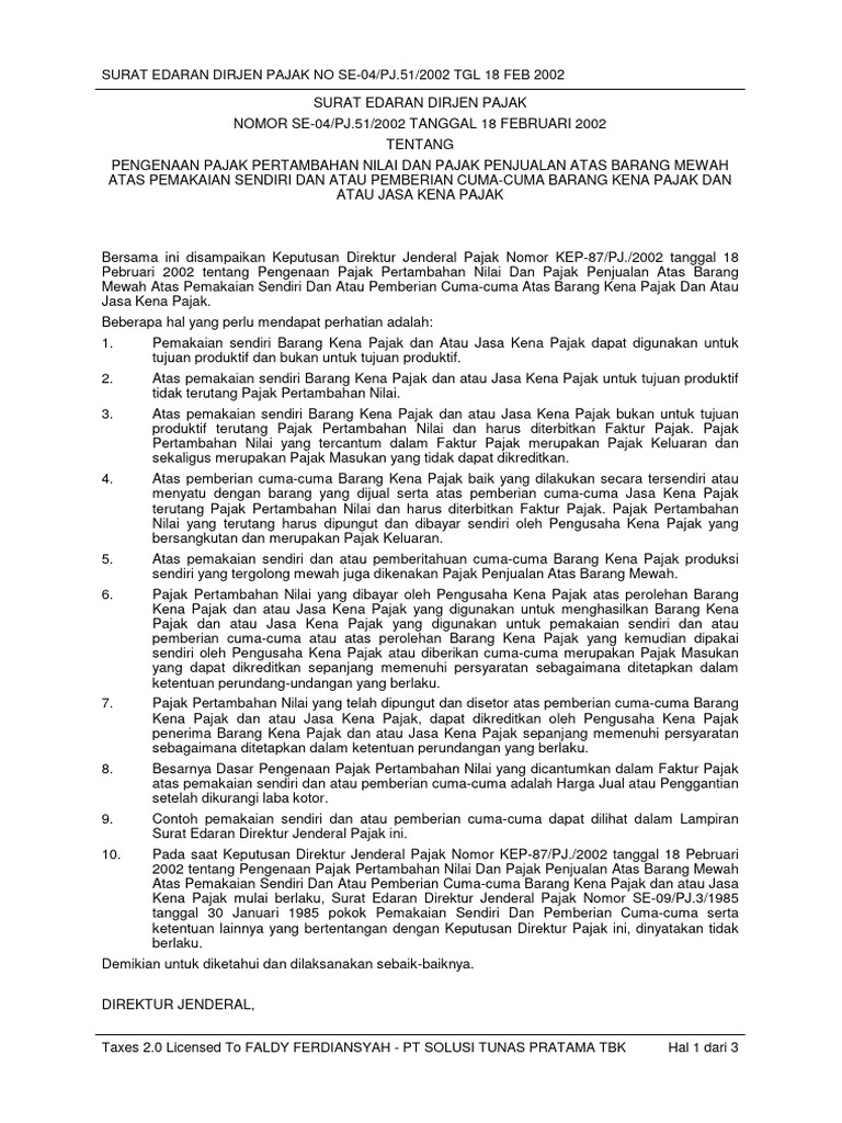 SE-04 - PJ 51 - 2002 TGL 18 Feb 2002 TTG PPN Pemkaian SDR Atau Pemberian Cuma2 | PDF