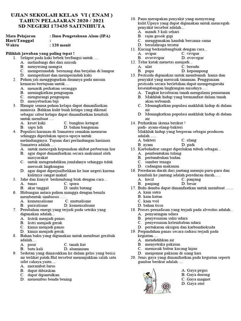 Soal Us Ipa Kelas 6 TP 2021 | PDF