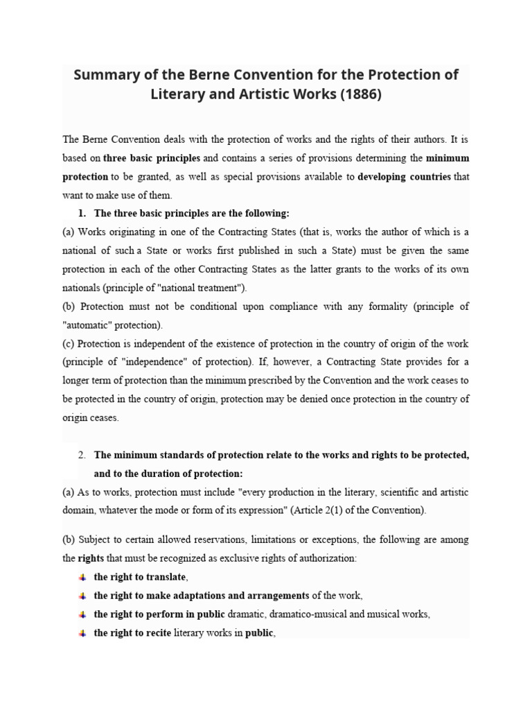 Berne Convention Summary (1886) | PDF | Freedom Of Expression Law ...