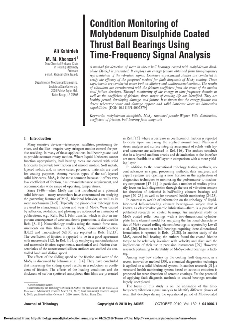 Condition Monitoring of Molybdenum Disulphide Coated Thrust Ball Bearings Using Time Frequency ...