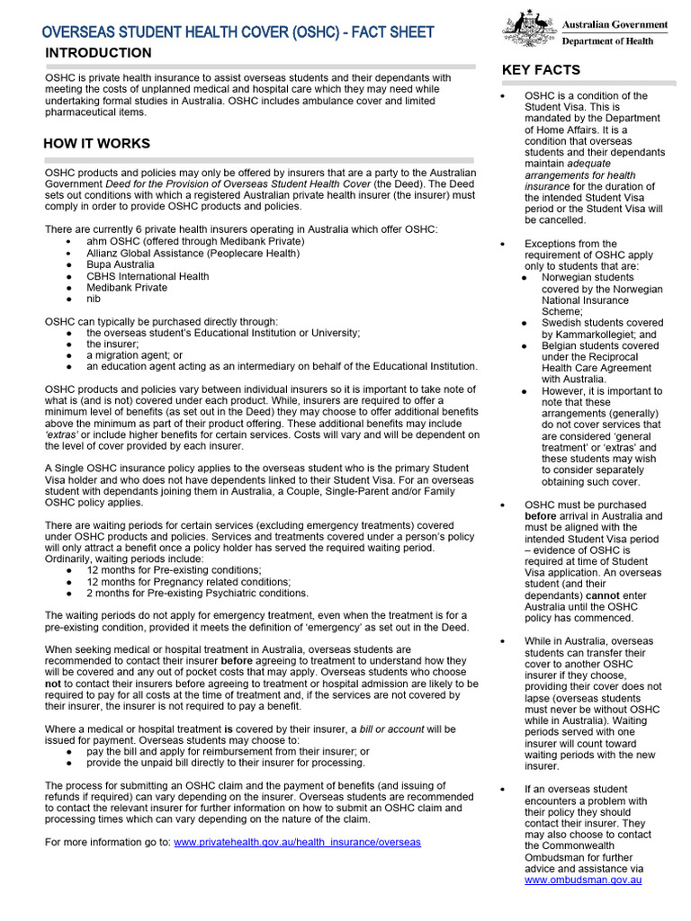 Overseas Student Health Cover Oshc Fact Sheet 0 | PDF | Insurance ...