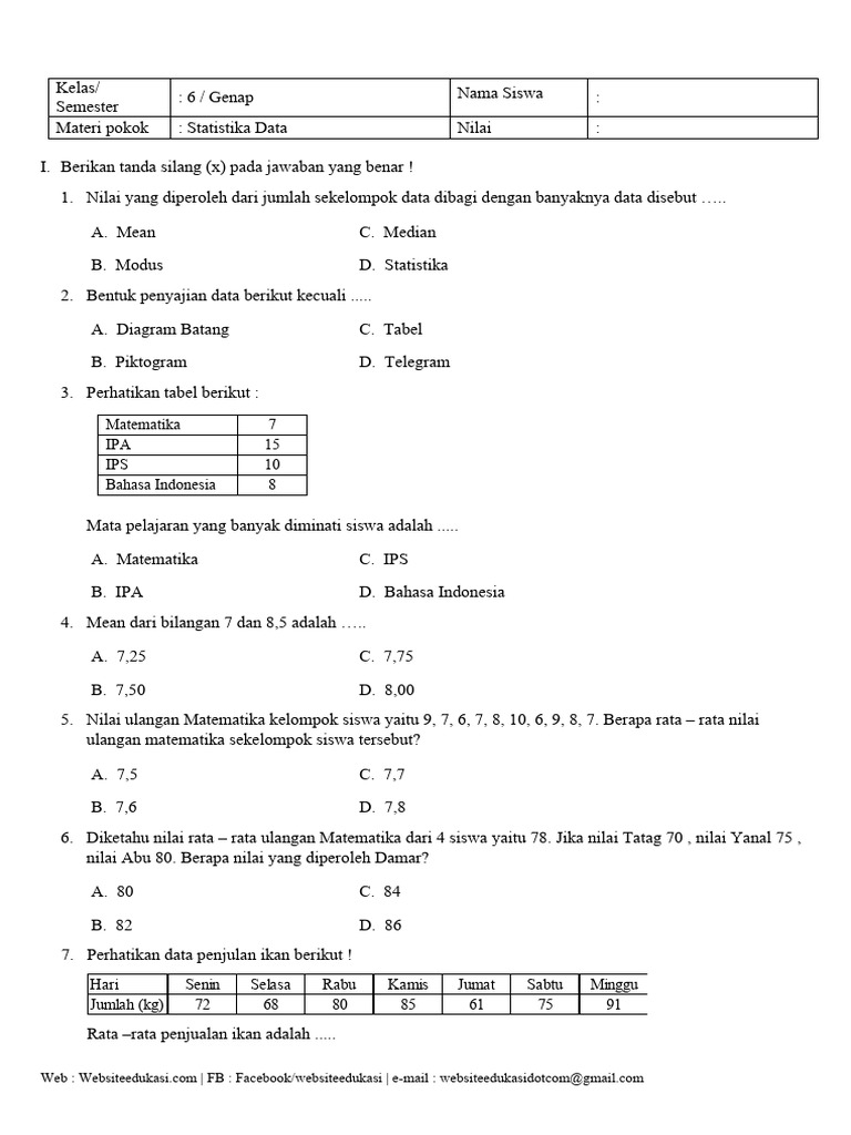 Soal PH MTK Kelas 6 SM 2 Statistika Data | PDF